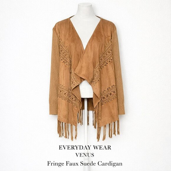 VENUS | Sweaters | Venus Camel Fringe Faux Suede Open Front Longline ...
